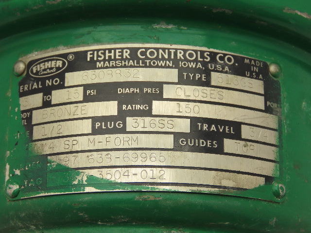 Fisher 513GS Pneumatic Diaphragm Actuator Control Valve 1/2" NPT Bronz ...