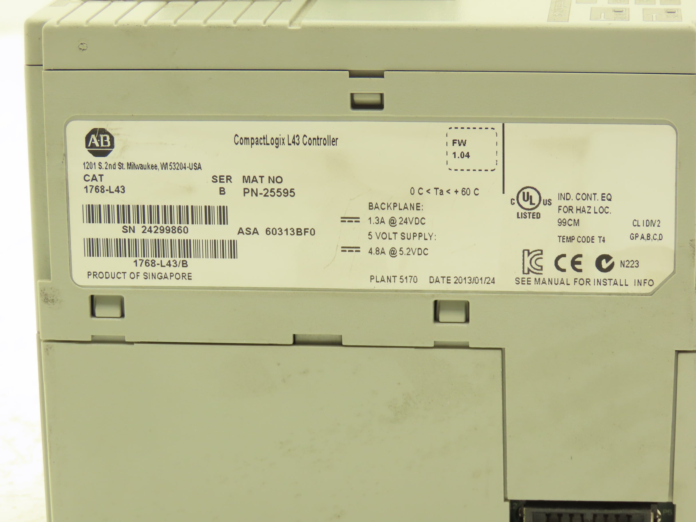 Allen Bradley 1768-L43/B Logix L43 PLC Processor Memory Controller Uni ...