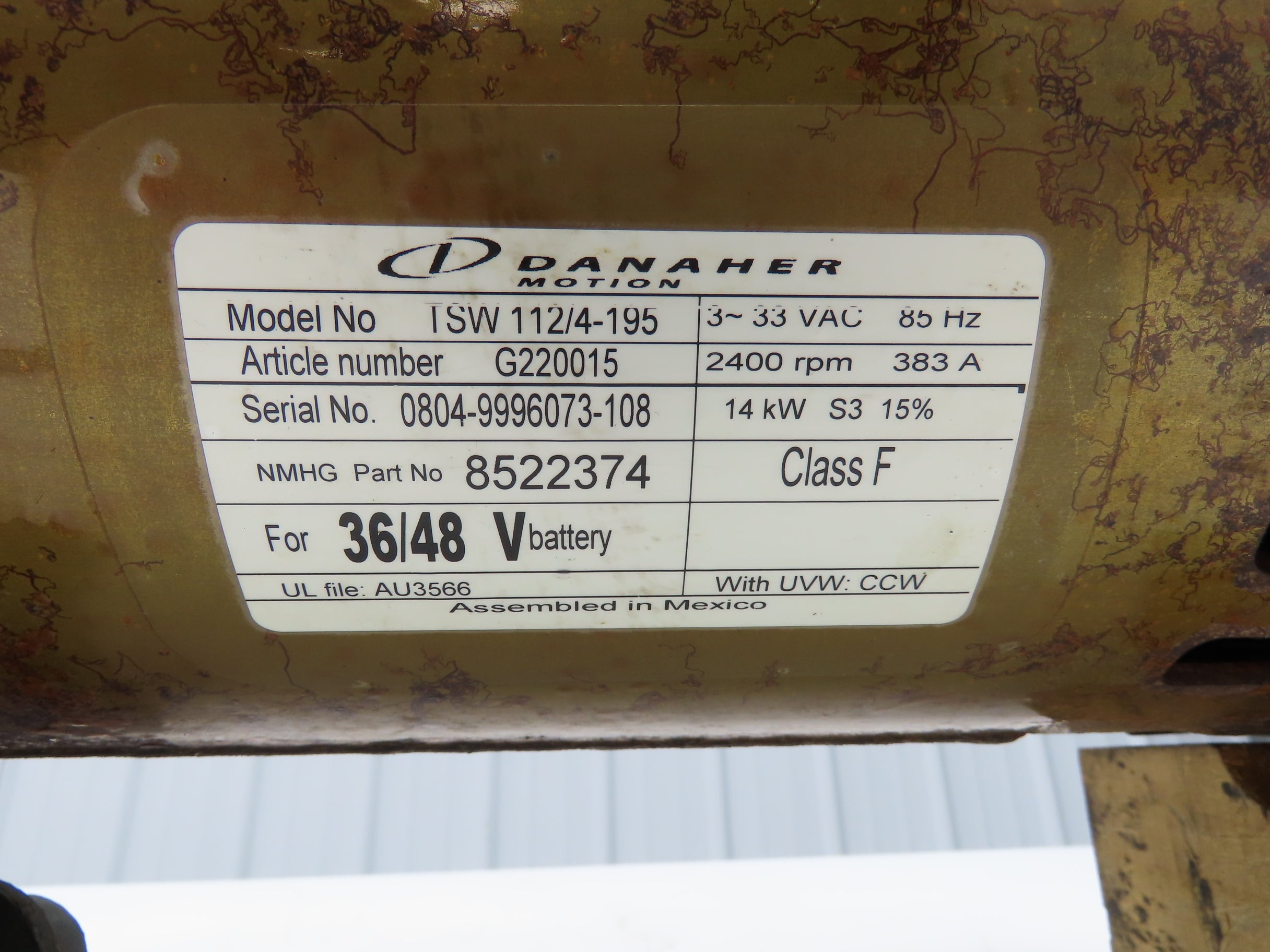 Danaher Motion TSW 112/4-195 DC Hydraulic Pump Motor Hyster E60Z Forkl ...