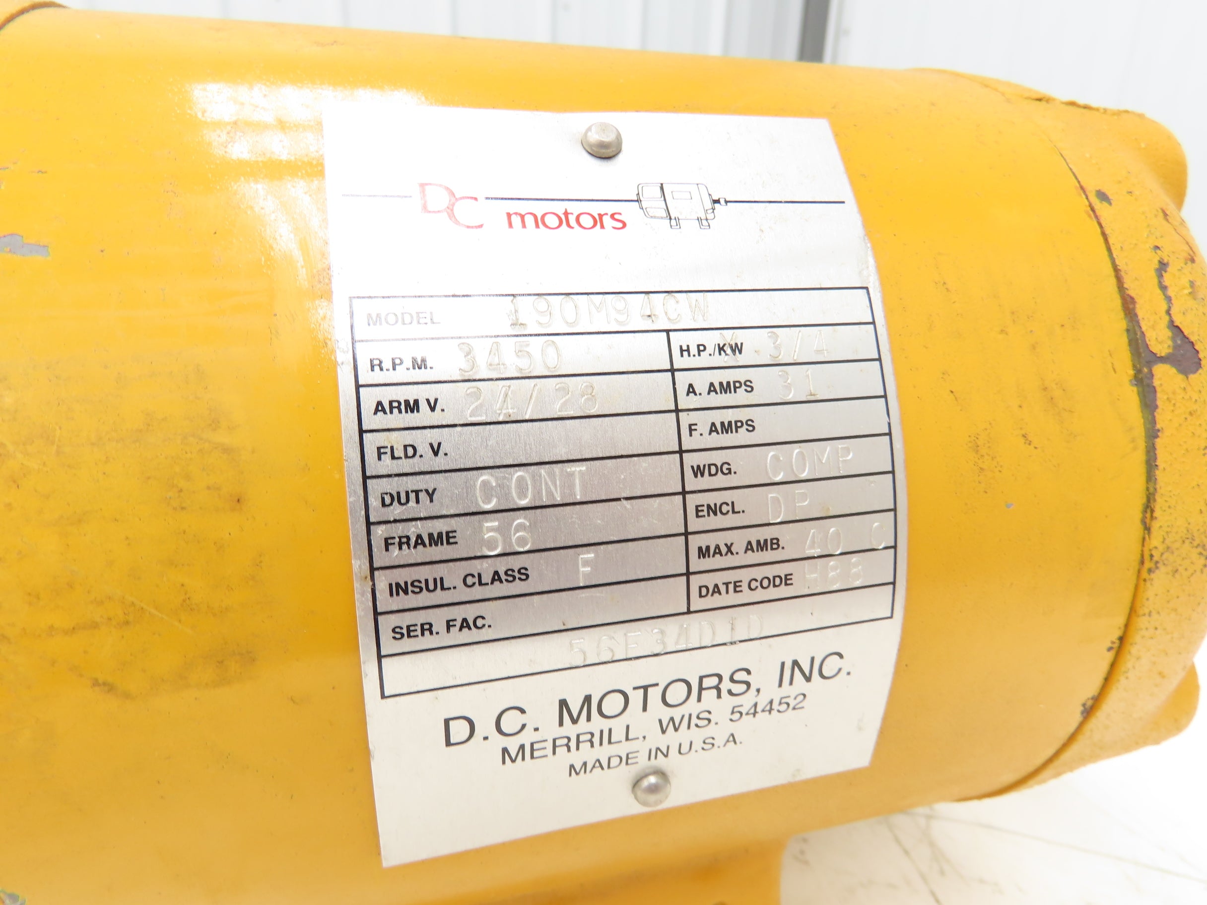 DC Motors Inc 190M94CW DC Pump Motor 28V 3/4Hp 31A 3450 RPM 56 Frame S ...