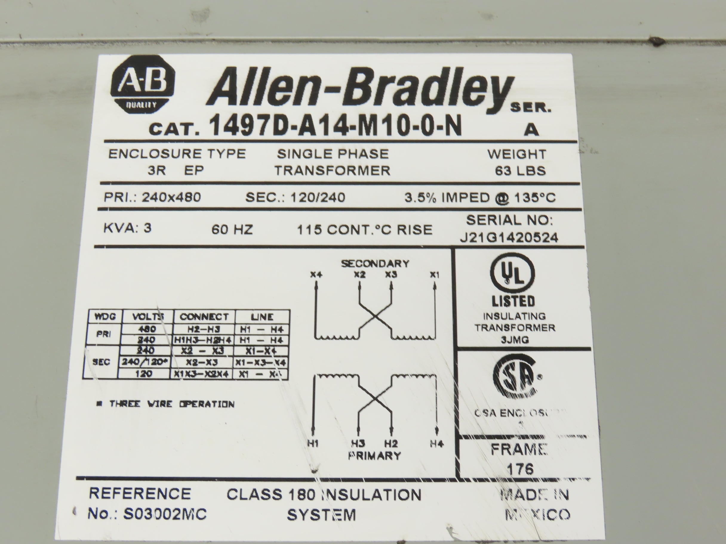 Allen Bradley 1497D-A14-M10-0-N Transformer 3kva HV 240/480V LV 120/24 ...