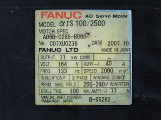 Fanuc A06B-0285-B000 AC Servo Motor 11kw 164V 2000 RPM Encoder A860-20 ...