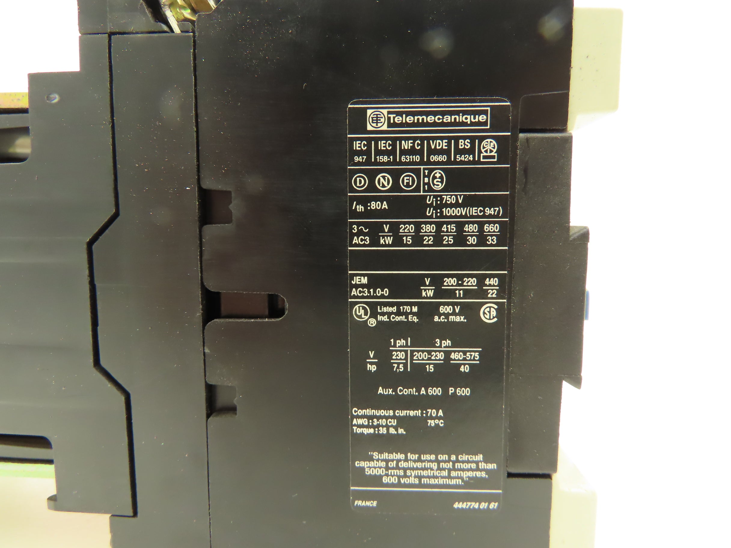 Telemecanique LP1D5011 Contactor Motor Starter 70A 600V 40Hp Coil 24VD ...