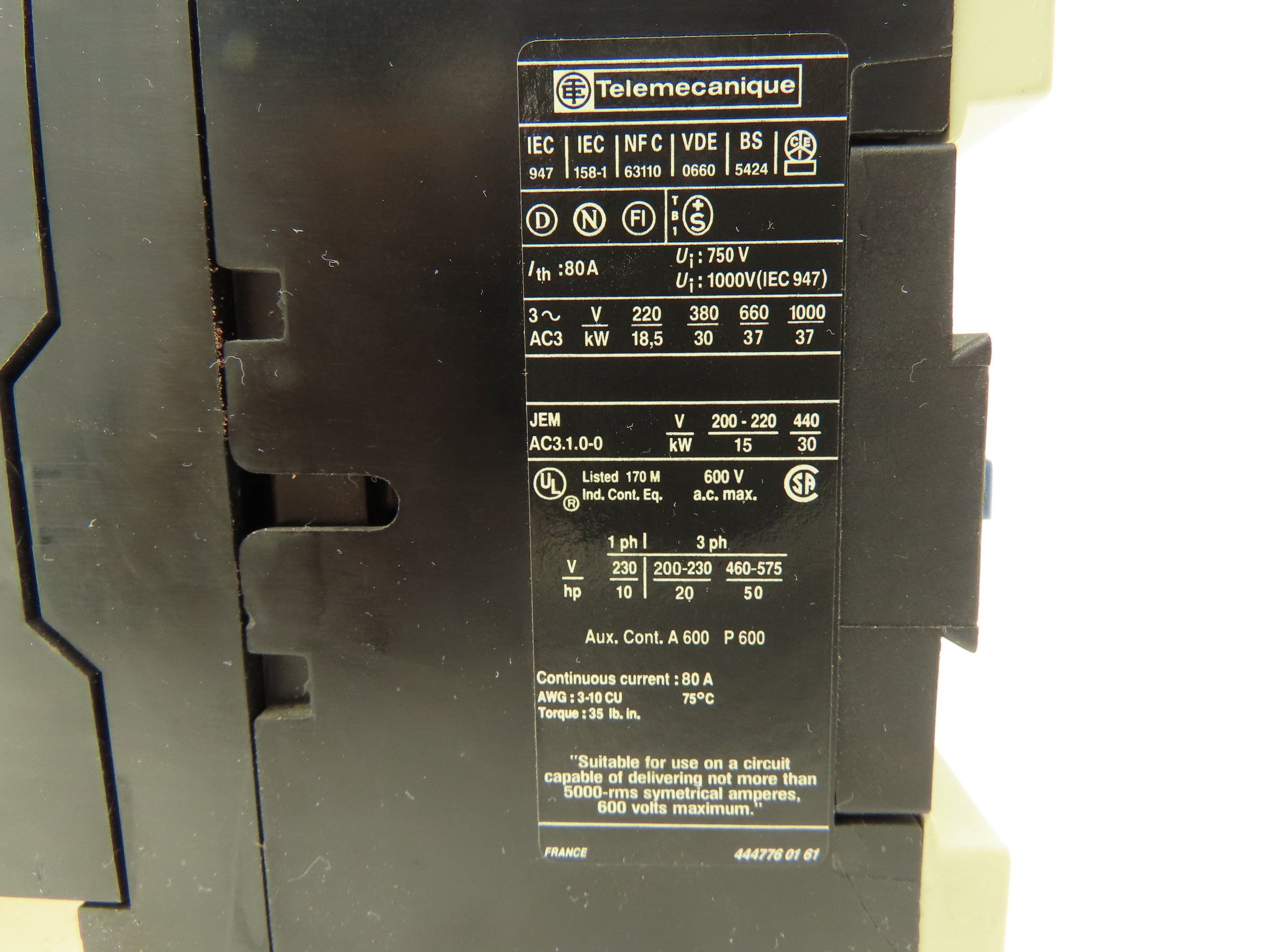 Telemecanique LP1D6511 Contactor Motor Starter 80A 600V 50Hp Coil 24VD ...