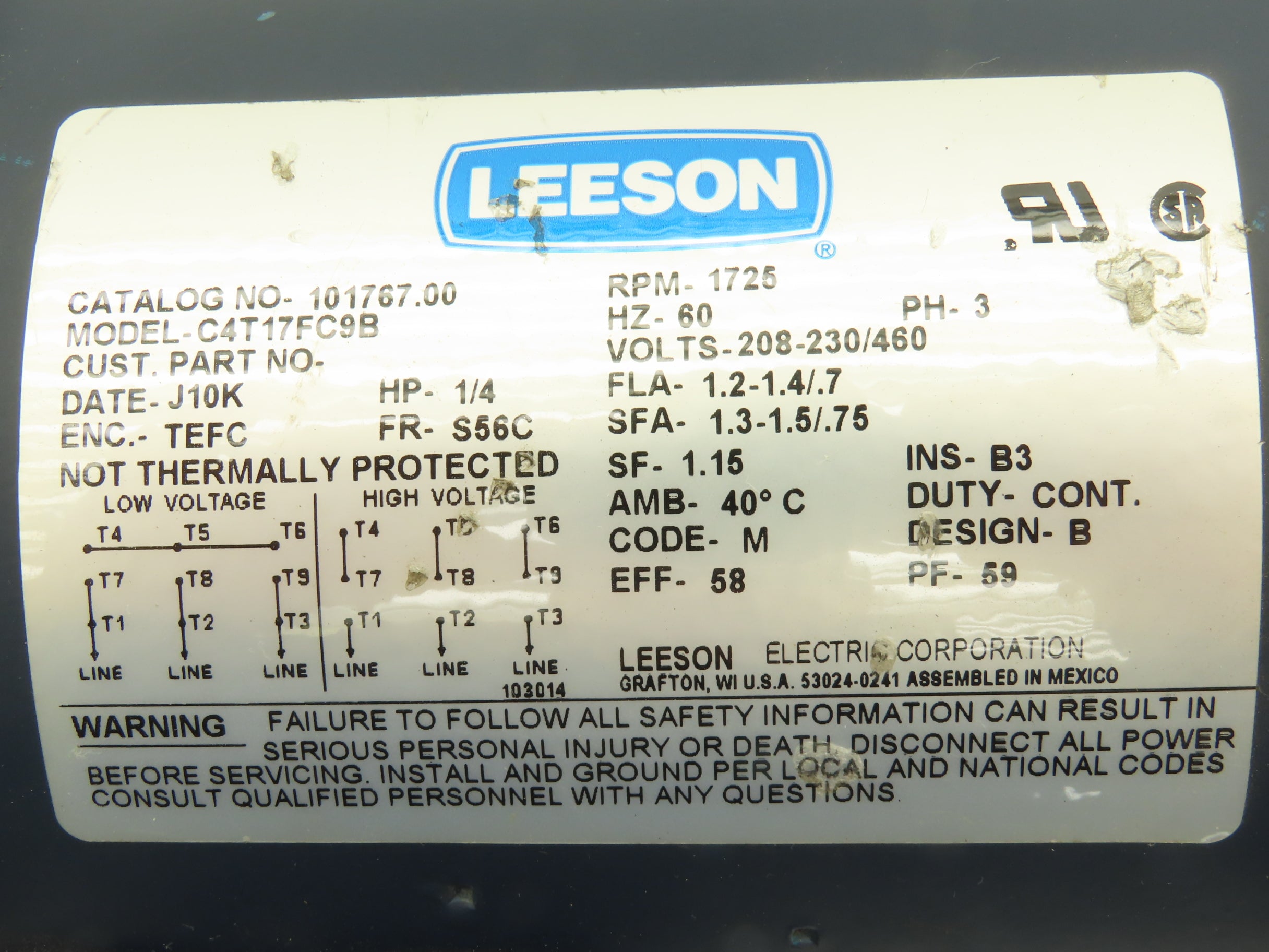 Leeson Electric C4T17FC9B AC Motor 1/4Hp 1725 RPM 230/460V 3PH 56C 101 ...
