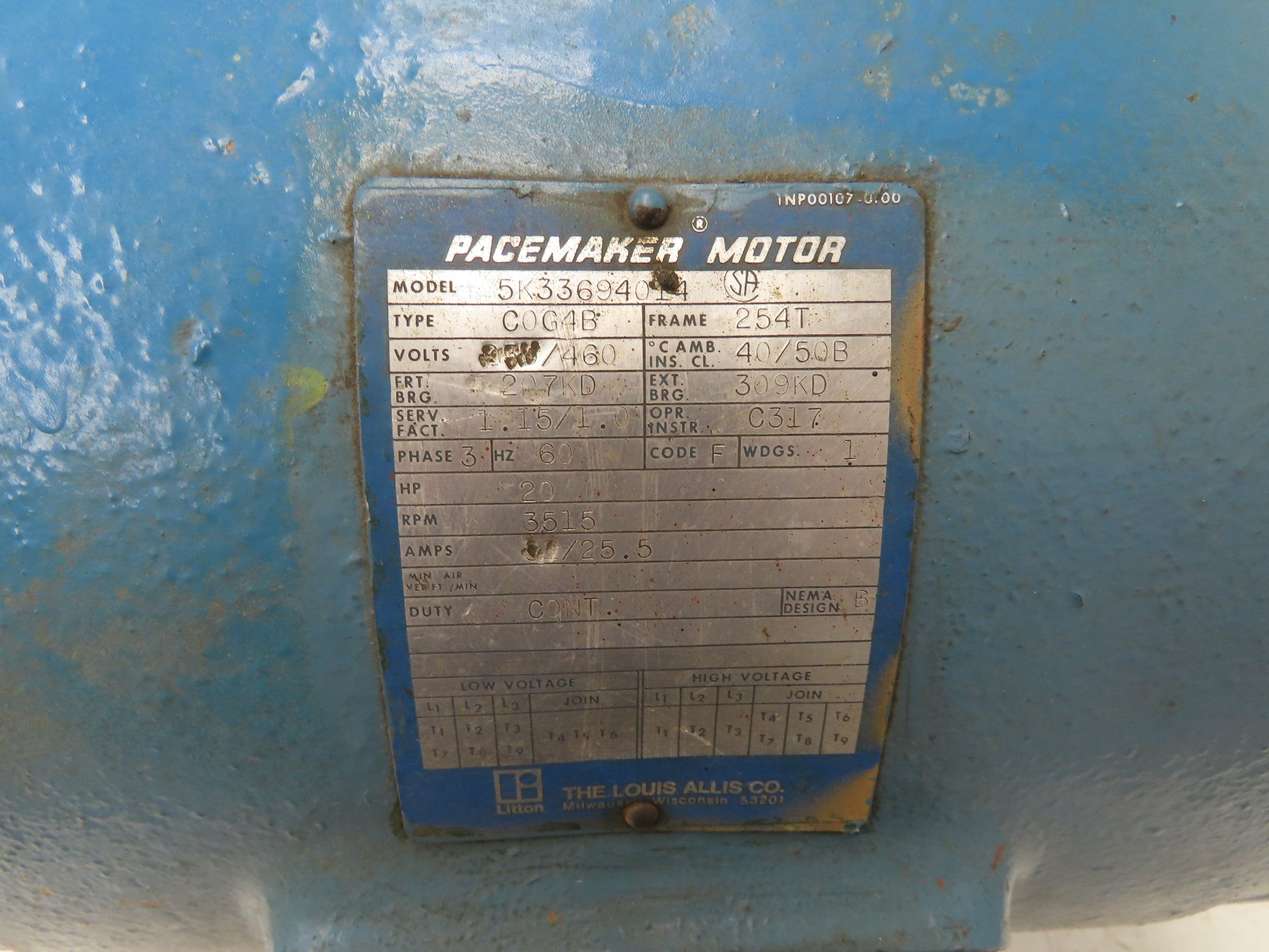 Louis Allis Pacemaker Electric Motor 20 HP 3515 RPM DP Frame 460V 3 Ph ...