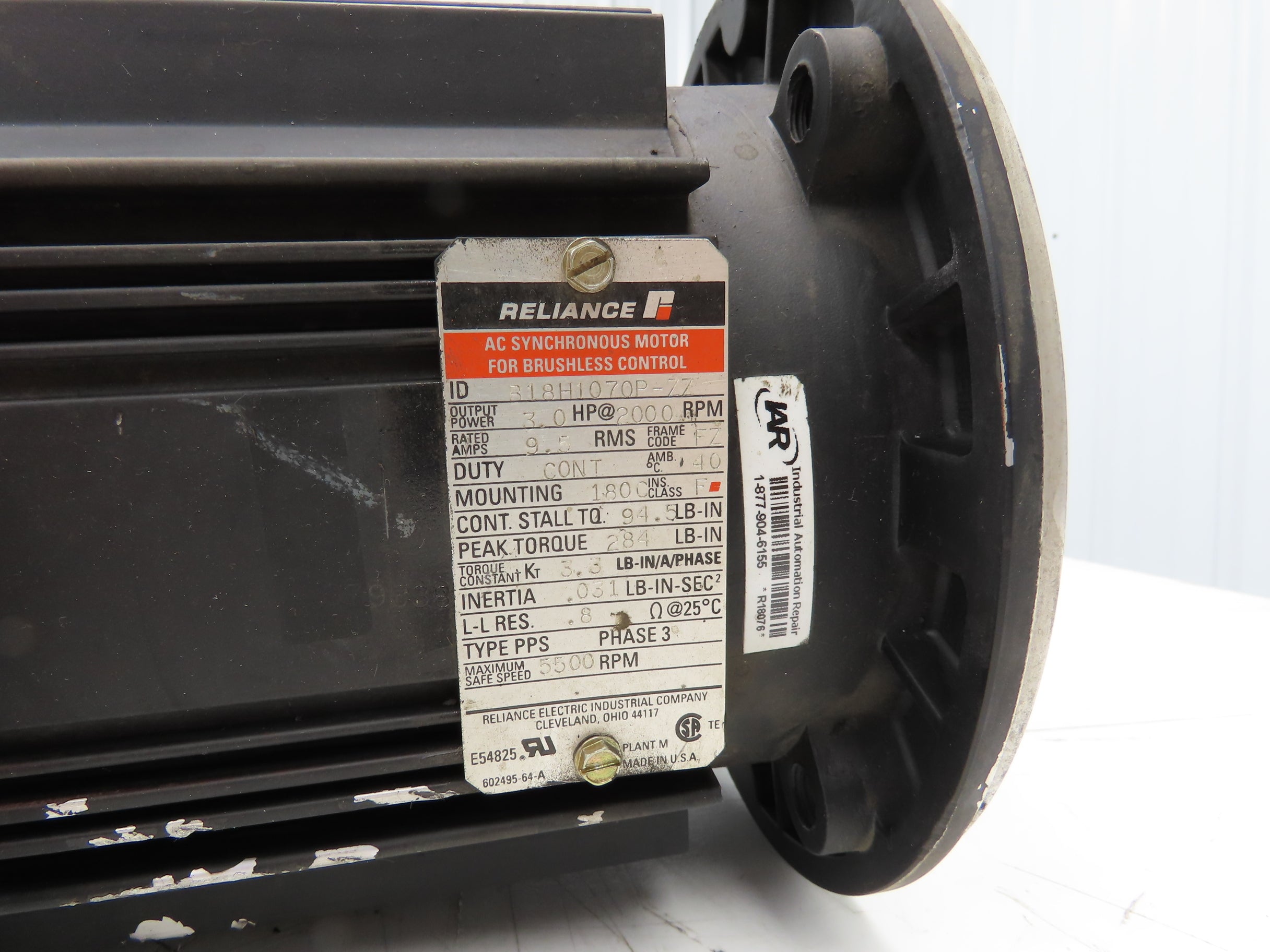 Reliance B18H1070P-ZZ AC Servo Motor Brushless Control 3Hp 2000 RPM 18 ...