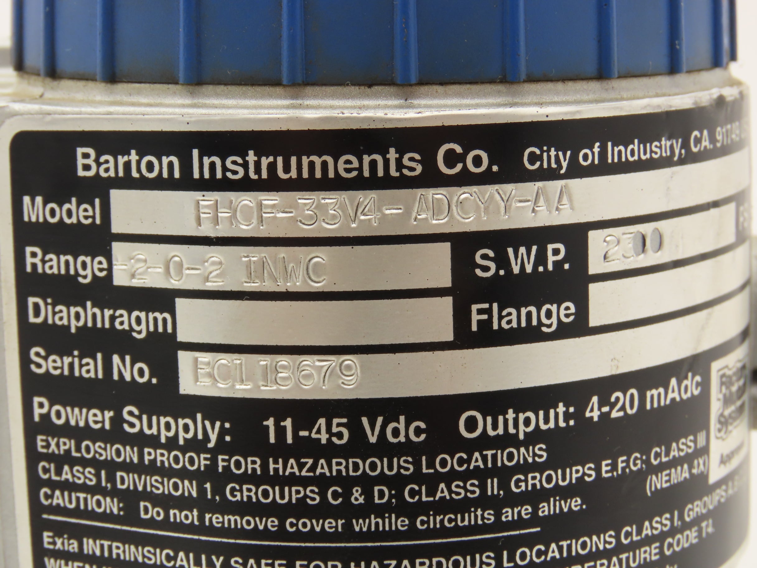 Barton Instruments FHCF-33V4-ADCYY-AA Pressure Transmitter -2-0-2 IN W ...