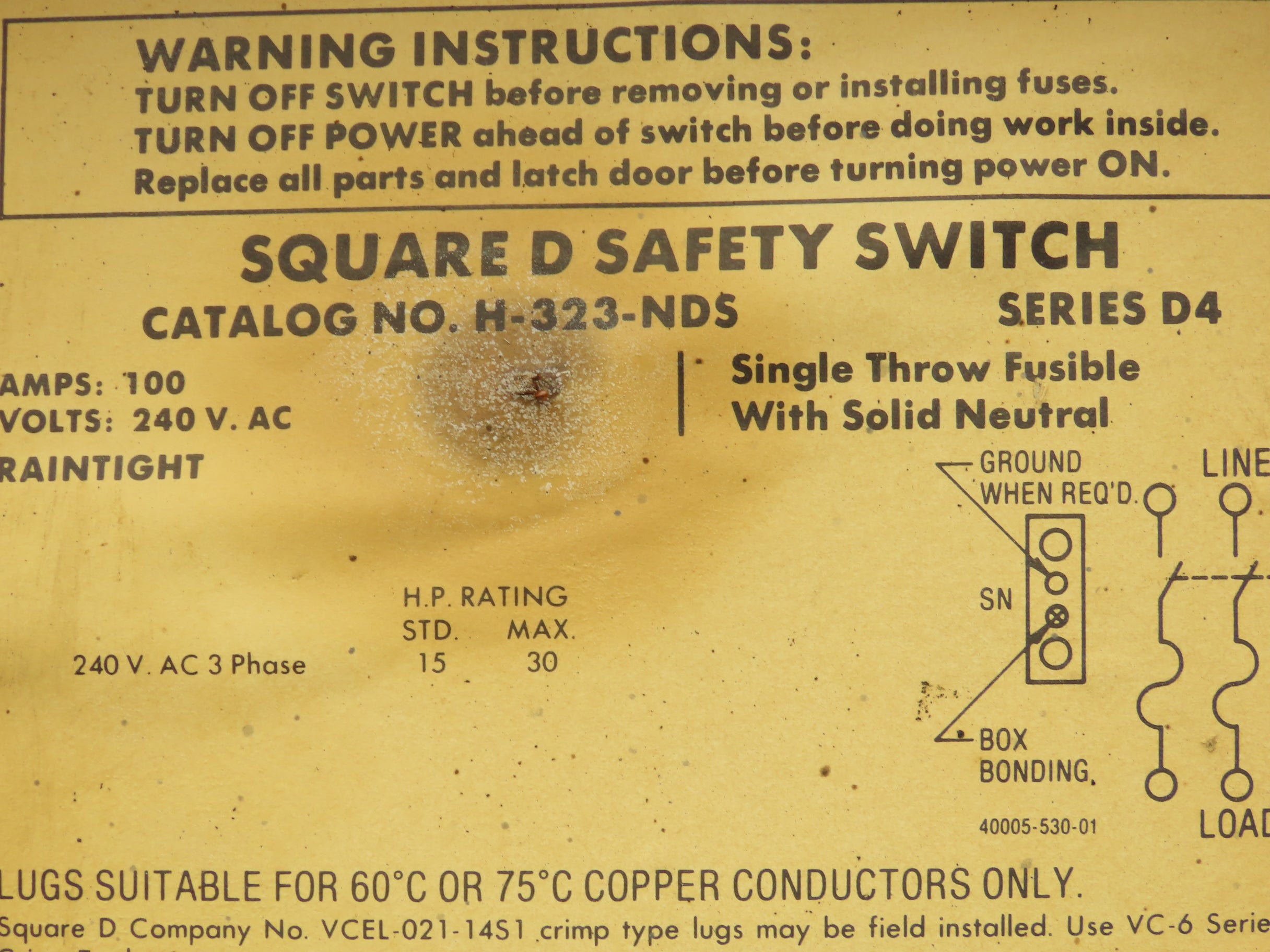 Square D H323-NDS Safety Disconnect Switch 100 Amp 240V 3Pole Stainles ...