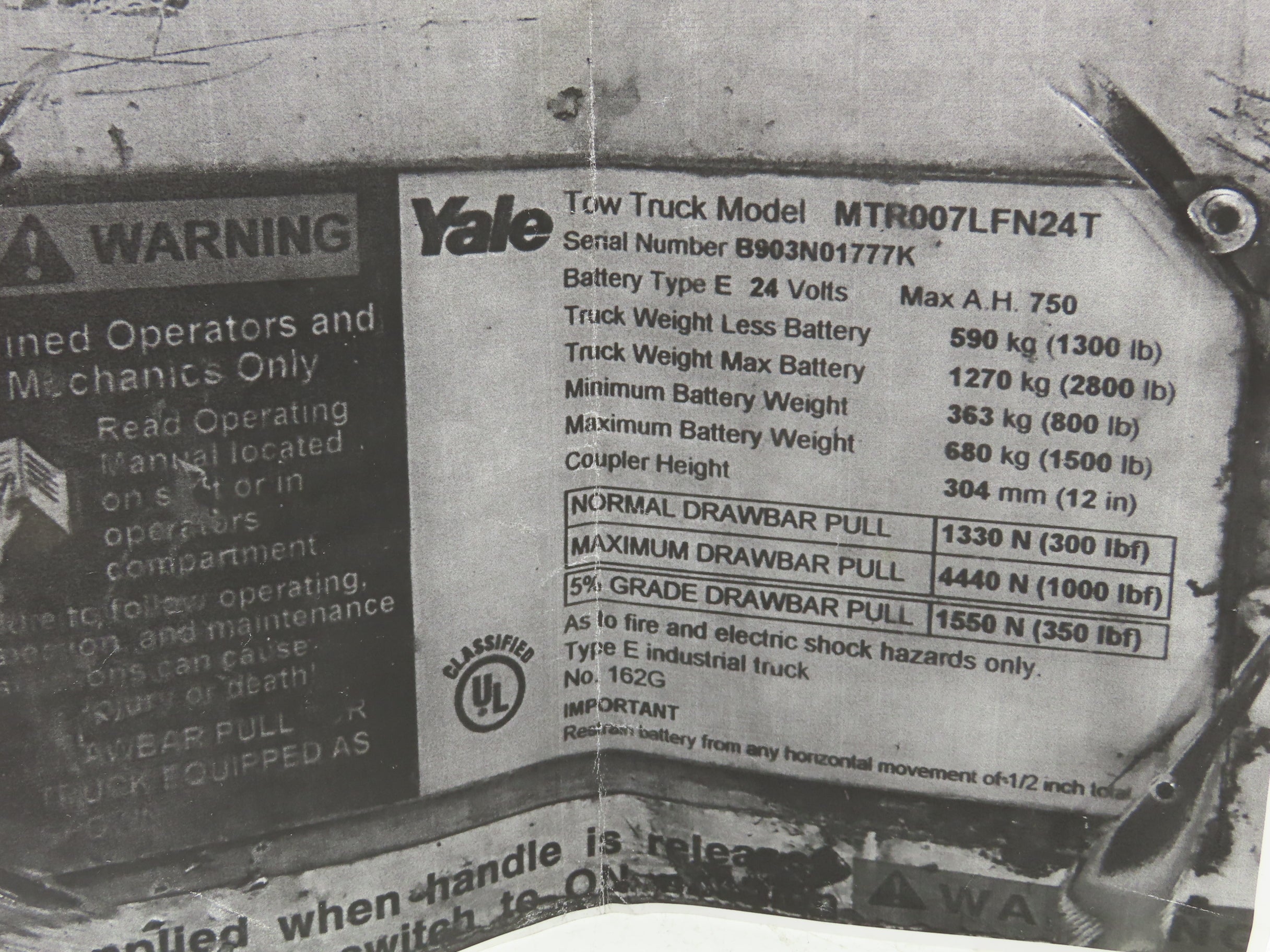 Yale Front End Plastic Shroud Removed From MTR007LFN24T Tow Truck ...
