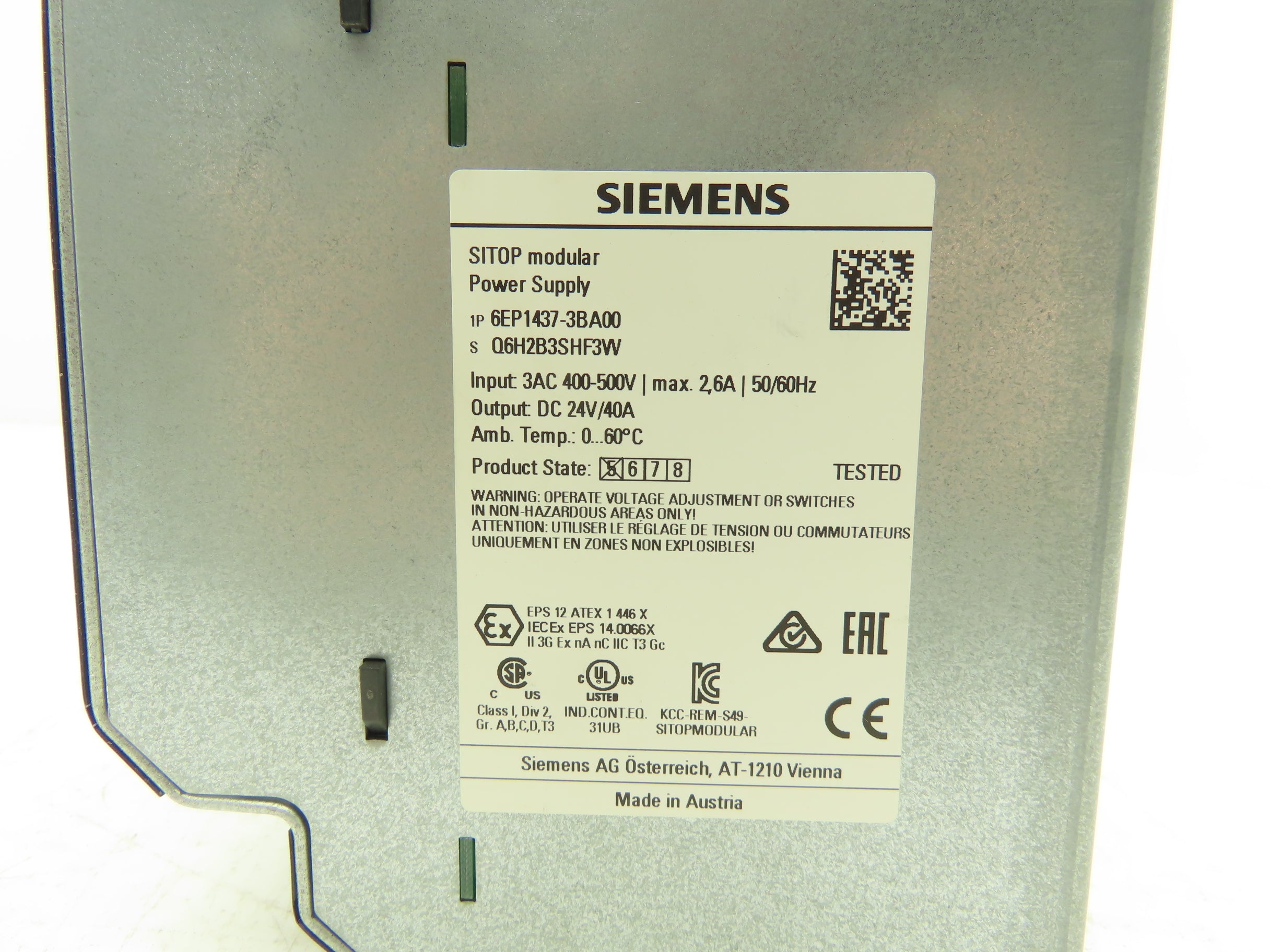 Siemens 6EP1437-3BA00 SITOP Modular Power Supply 24VDC 40A Out 480V 3P ...