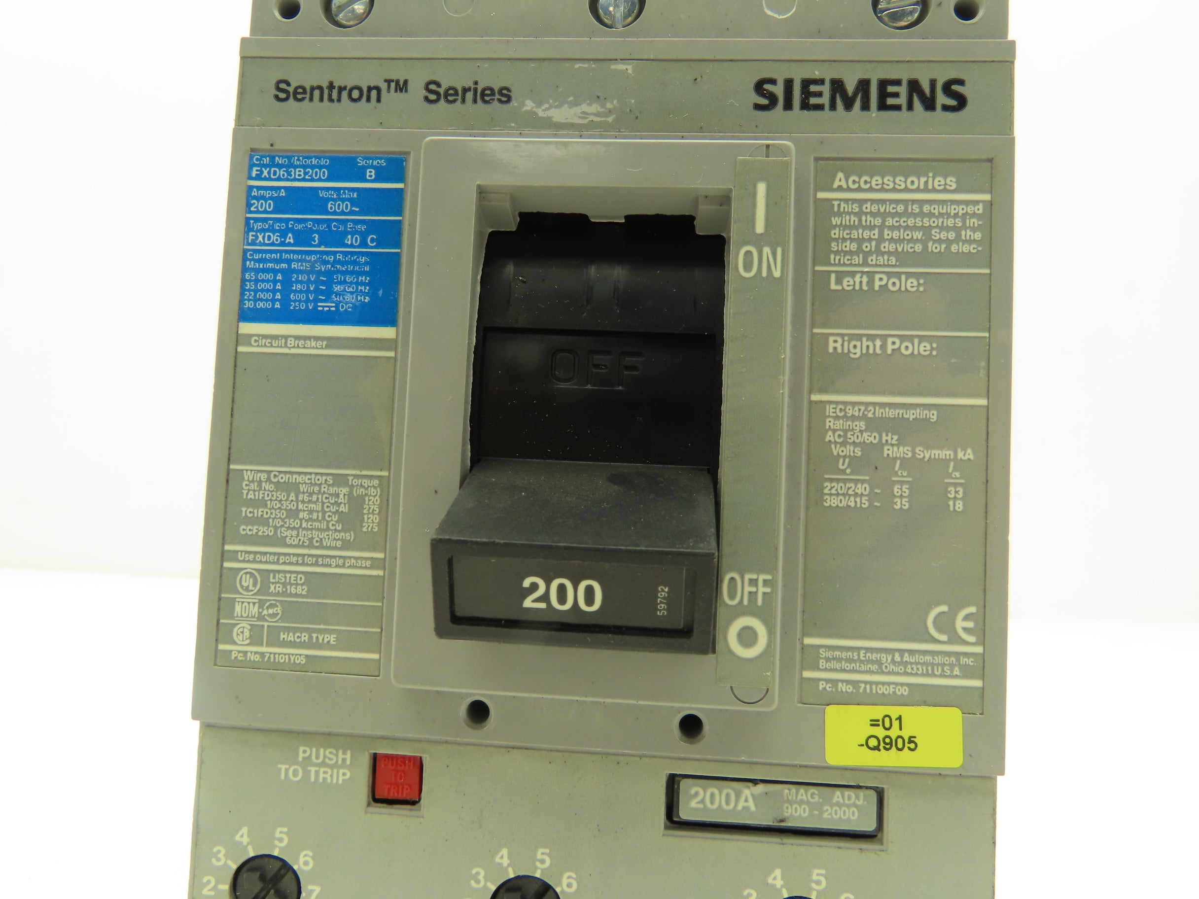 Siemens FXD63B200 Sentron Circuit Breaker 200A 3 Pole 600V FXD6-A Magn ...
