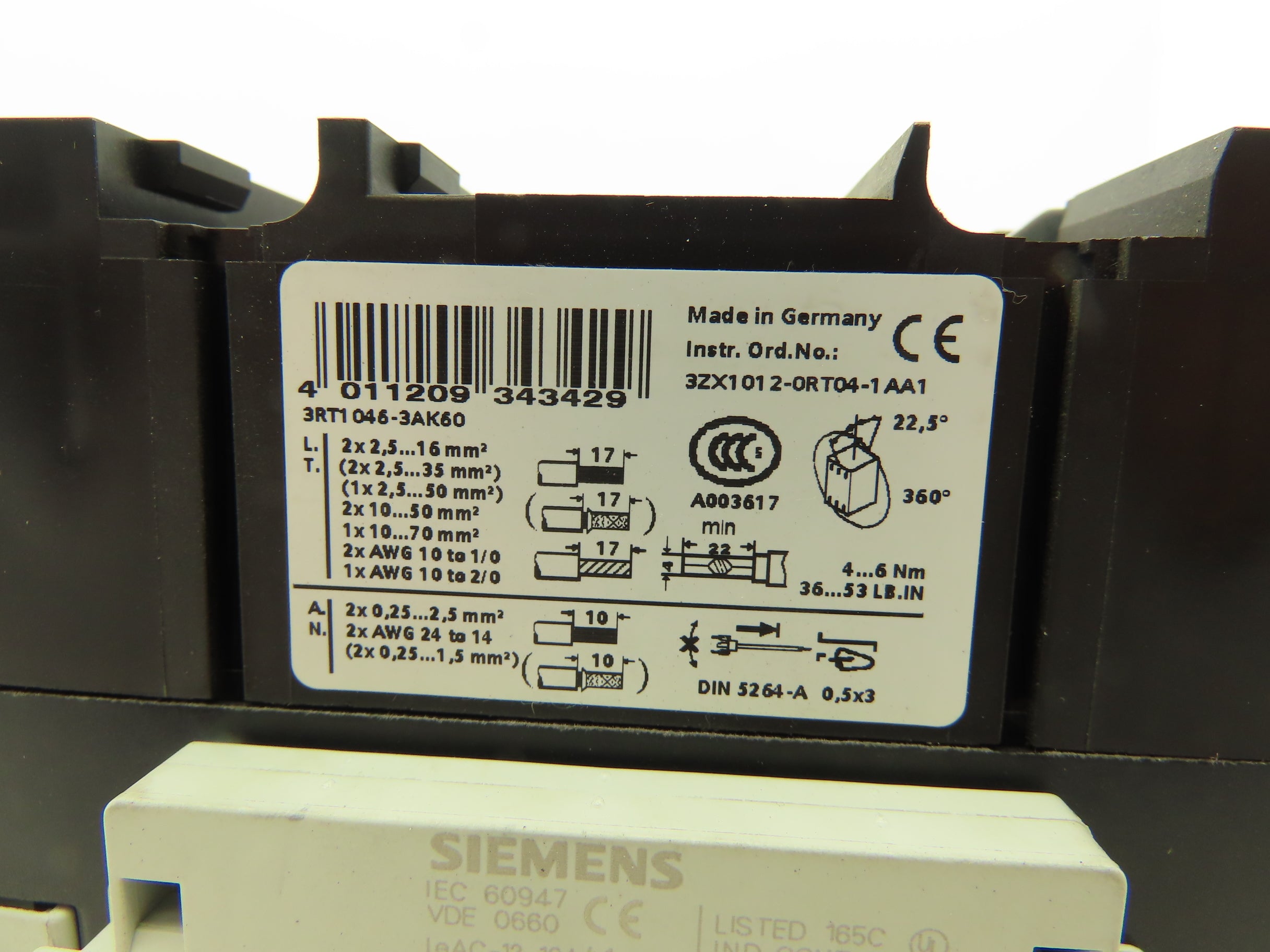Siemens 3RT1046-3AK60 Sirius 3-Pole Power Contactor 95A 45kW 110V Coil ...
