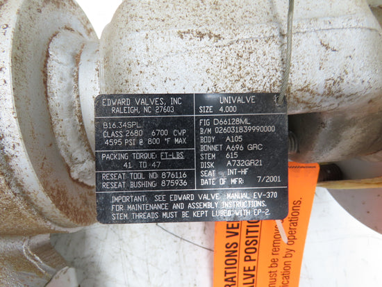Edward D66128ML Univalve Y-Pattern Globe Valve 4" Butt Weld 4595psi B1 ...