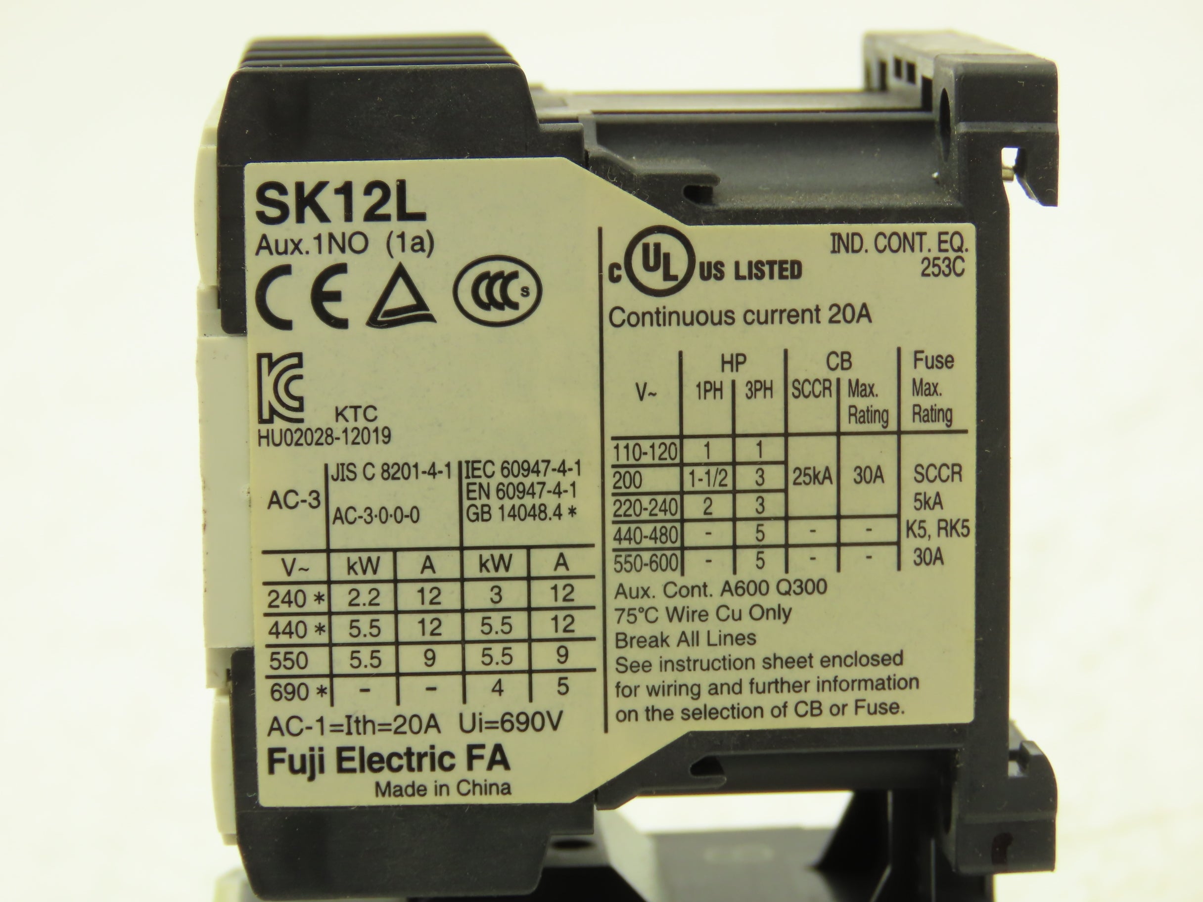 Fuji SK12L Motor Starter Contactor 5.5kW 600V TK12W & Thermal Overload ...