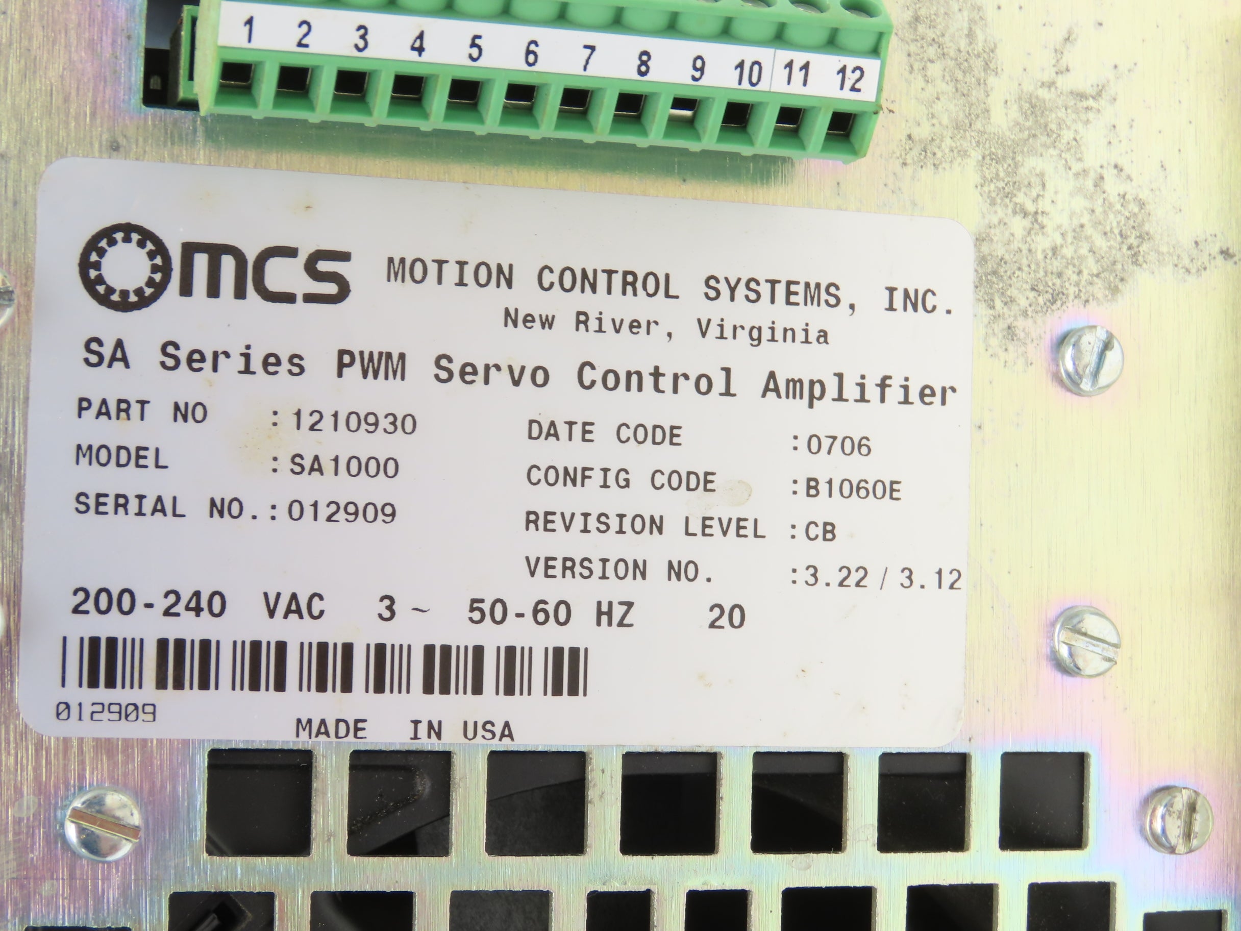 Motion Control Systems SA1000 Servo Amplifier Control Unit 240VAC 3Ph ...