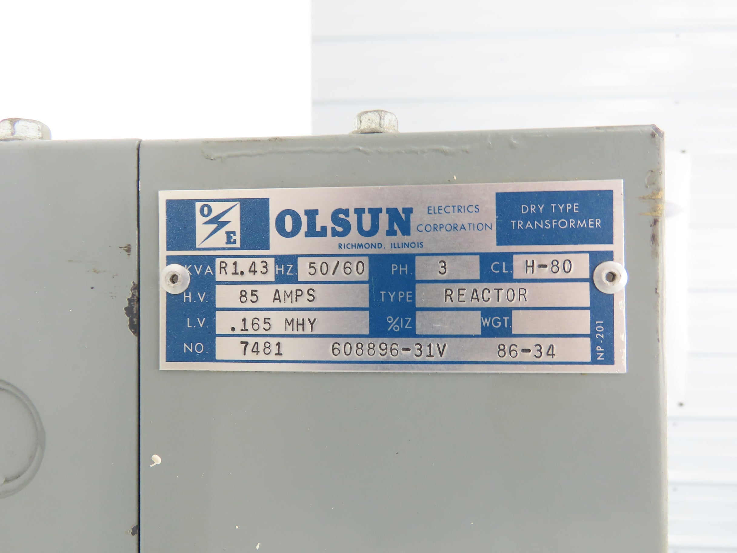Olsun 7481 Reactor Transformer 3PH KVA-R1.43 HV-85A LV-0.165MHY H-80 ...