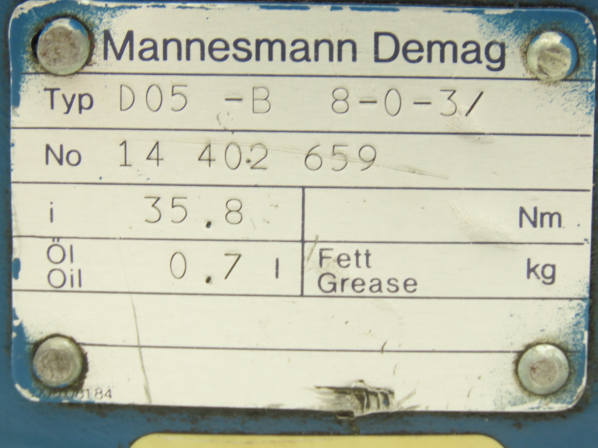 Mannesmann Demag D05-B8-0-1 Crane Drive Gearbox 35.8 Inline Reducer 30 ...