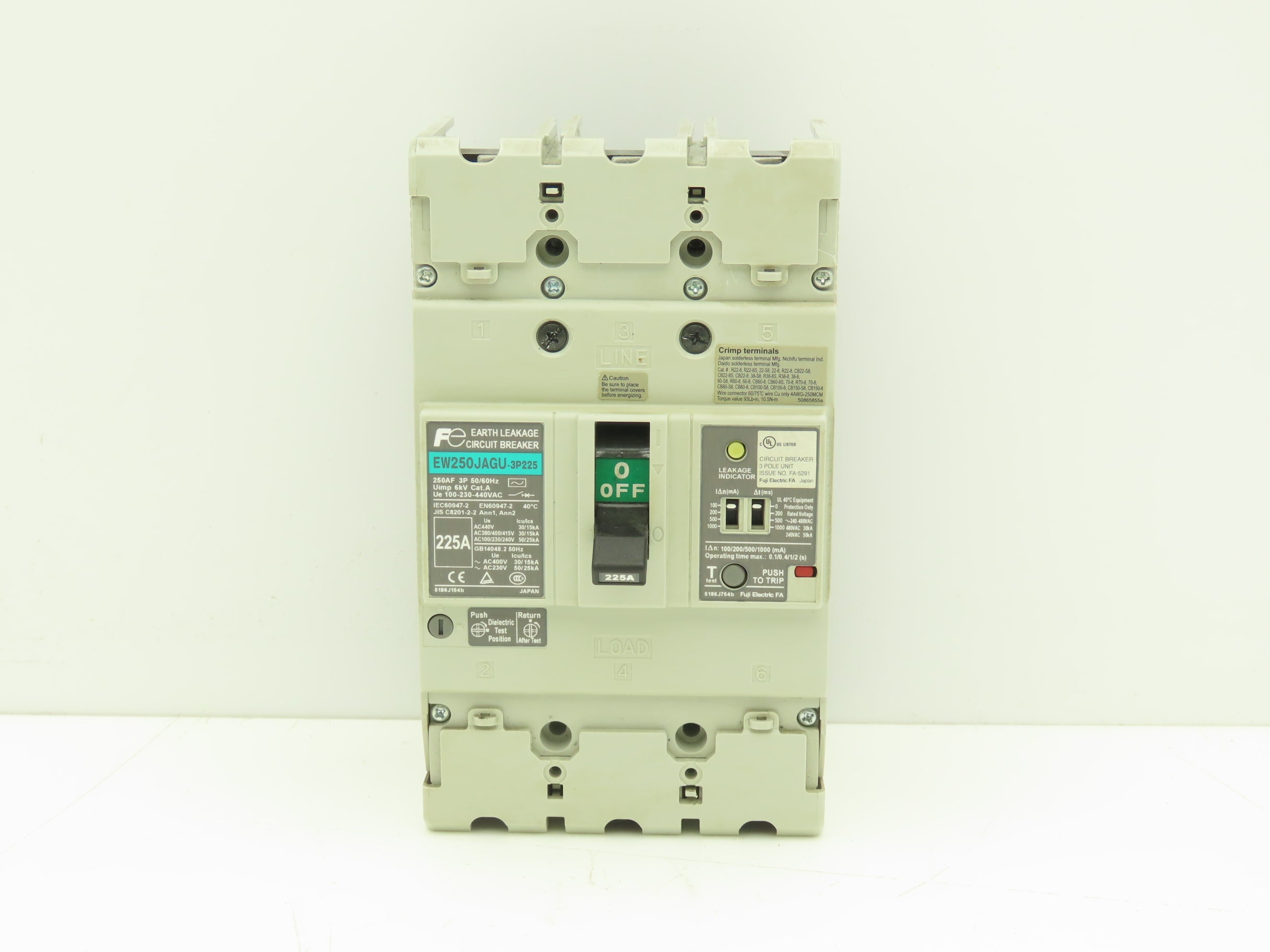 Fuji EW250JAGU-3P225 Earth Leakage Circuit Breaker 3-Pole 225A 100-440 ...