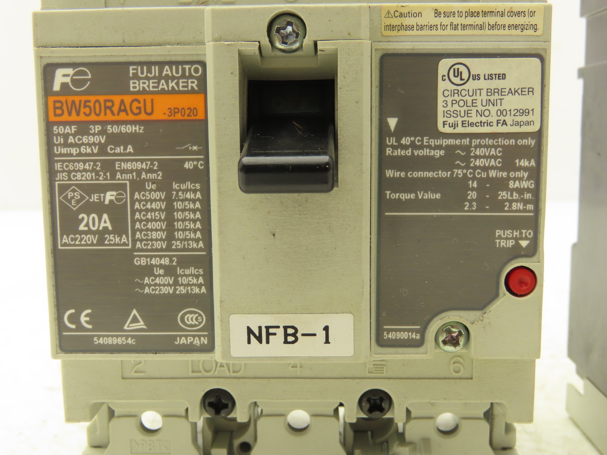 Fuji BW50RAGU3P020 3-Pole Auto Circuit Breaker 20A 500V 3Ph Molded Cas ...