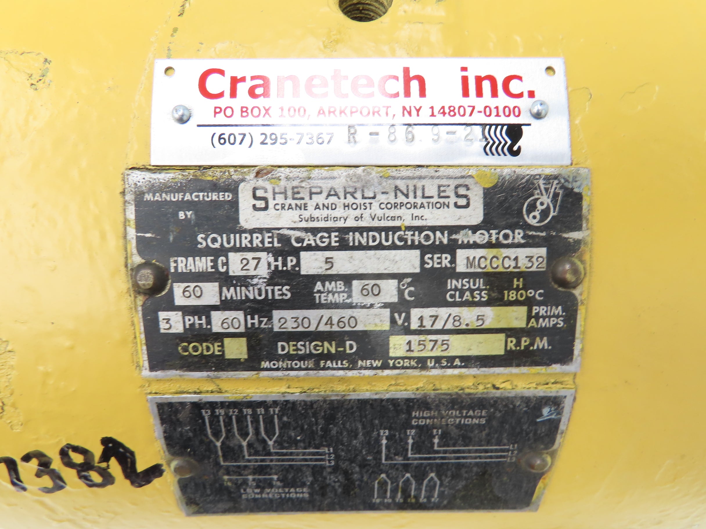 Shepard Niles C27 Squirrel Cage Crane Hoist AC Motor 5Hp 1575 RPM 230 ...