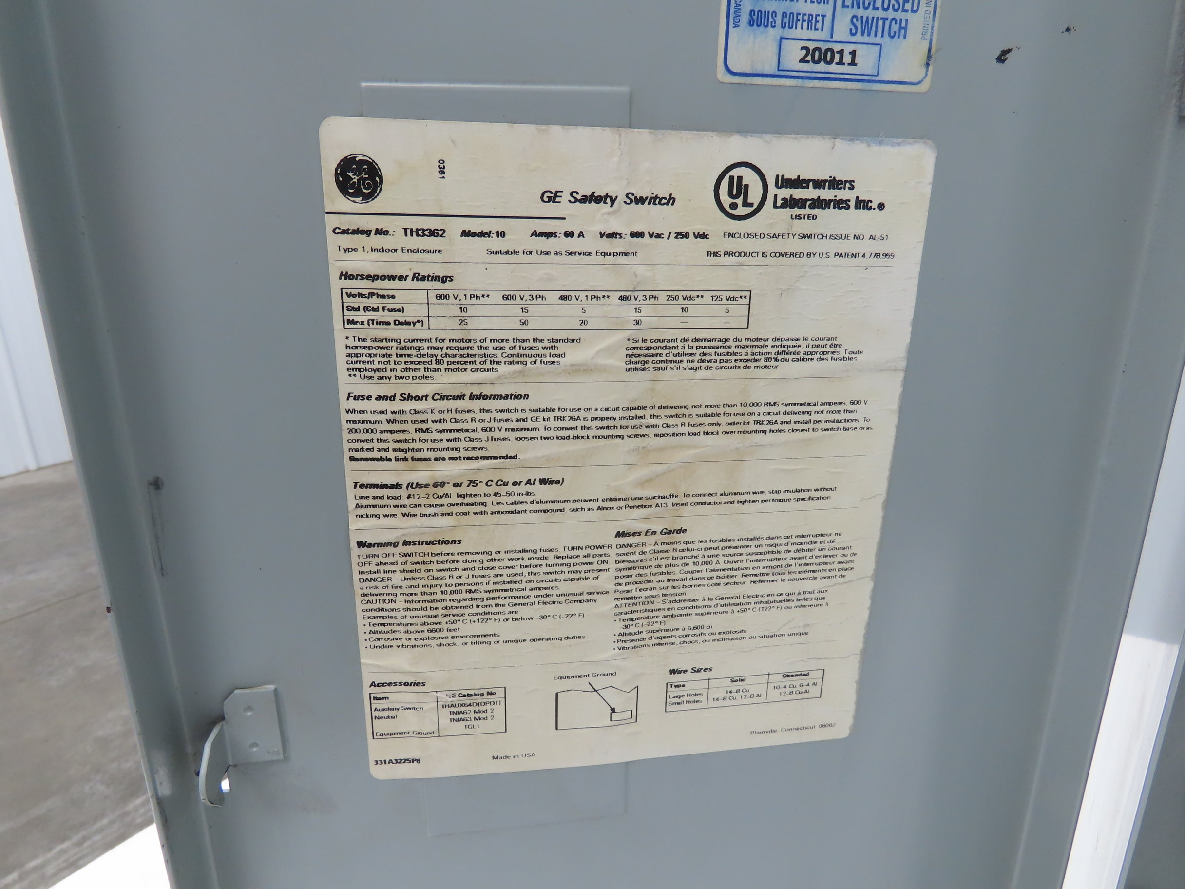 General Electric TH3362 Model 10 GE Safety Disconnect Switch 60A 600VA ...